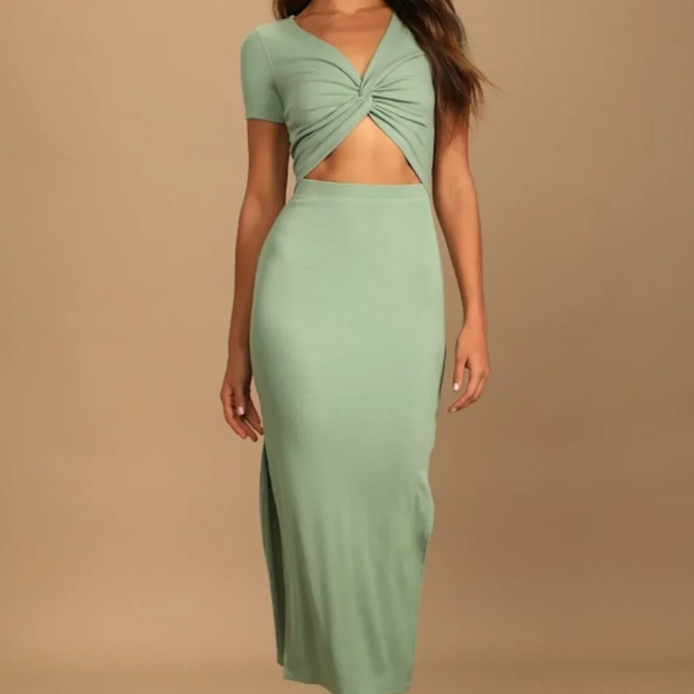 Lulus | Dresses | Lulus Style Twist Sage Green Twist Front Cutout Midi ...